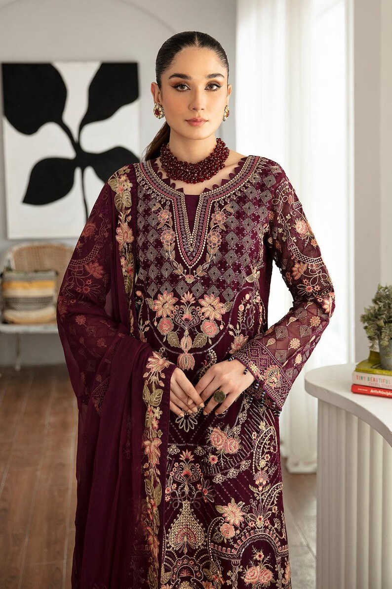 Embroidered Maroon Chiffon Salwar Kameez: Pakistani Wedding Outfit Eid ...