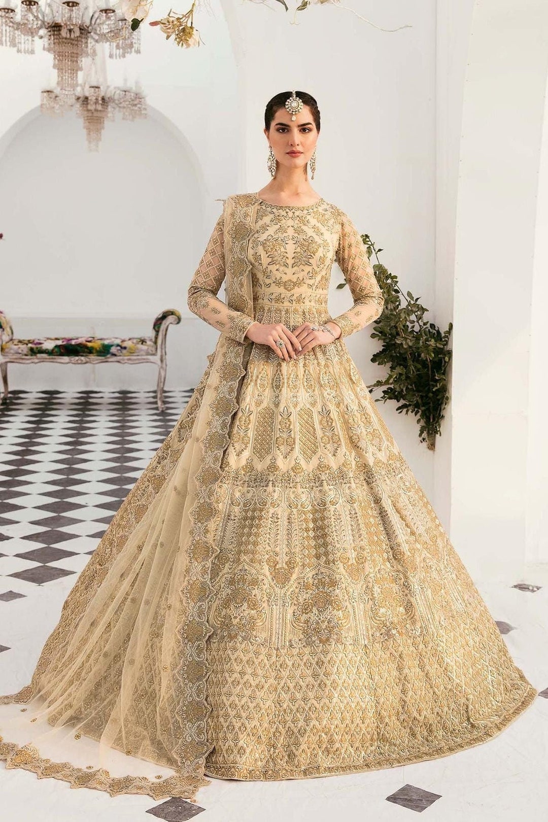 Gold Maxi Frock Pakistani Indian Wedding Bridal Dress Party Wear Clothe ...