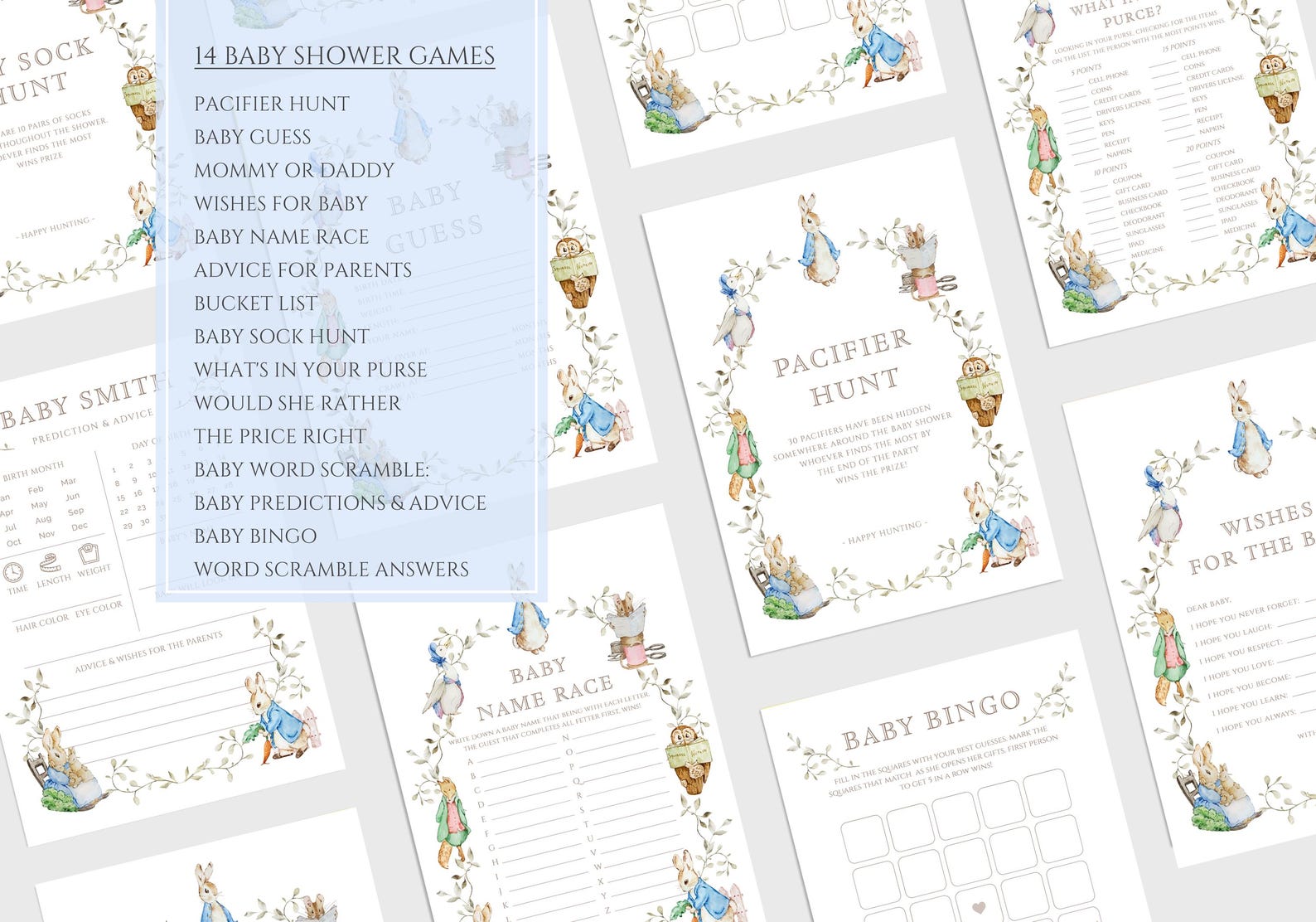 Editable Peter Rabbit Baby Shower Games, Editable Rustic Bunny Games ...