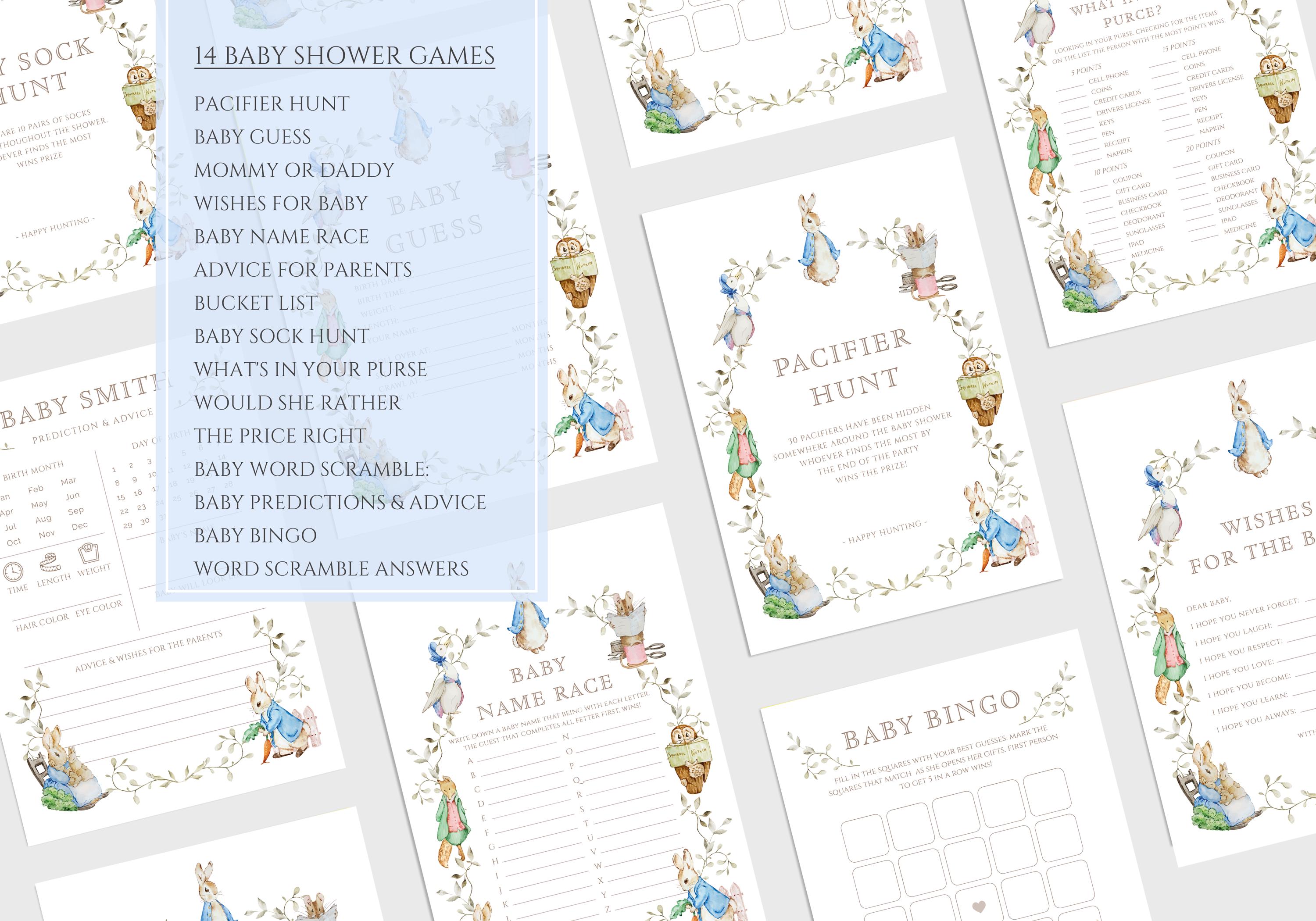 Editable Peter Rabbit Baby Shower Games, Editable Rustic Bunny Games ...