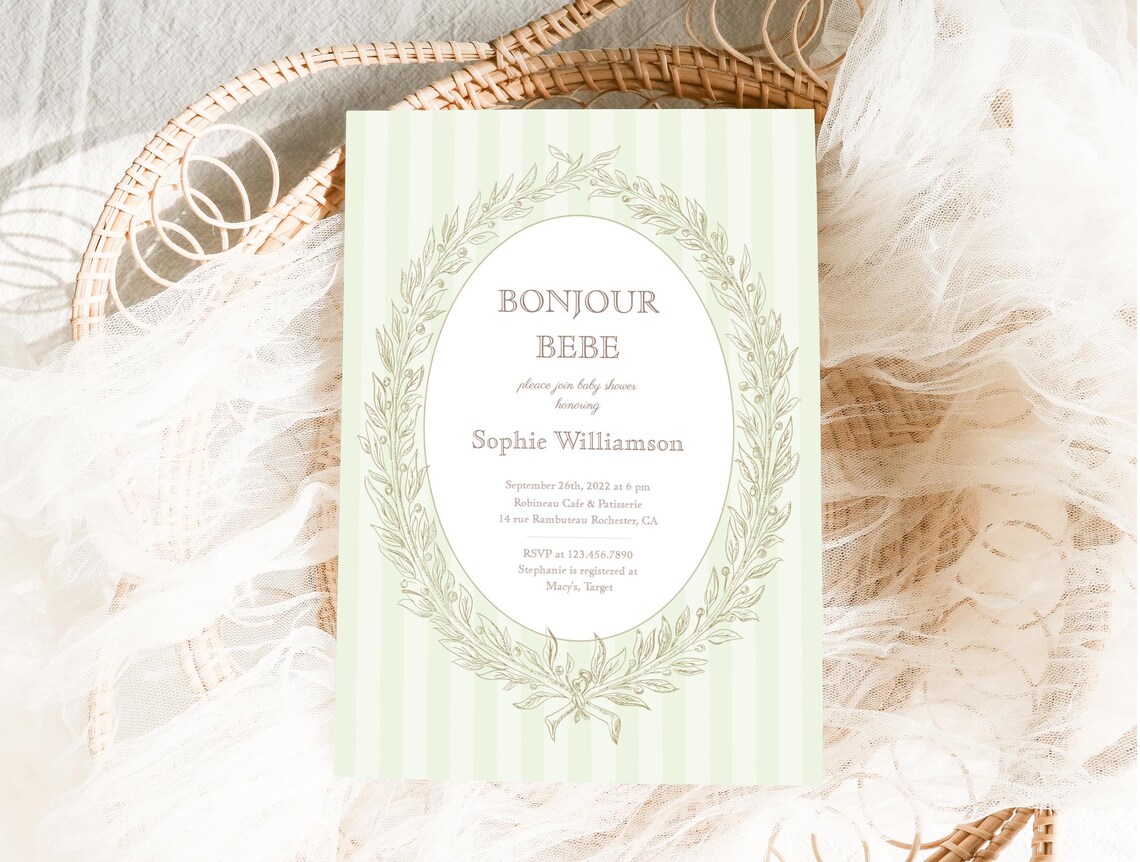 Ladurée Green Baby Shower Invitation, Bonjour Bebe Invite, French Caffe ...