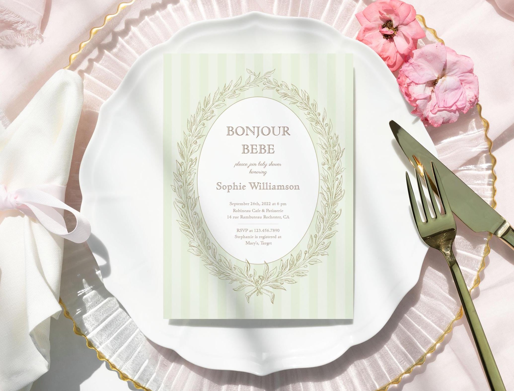Ladurée Green Baby Shower Invitation, Bonjour Bebe Invite, French Caffe ...
