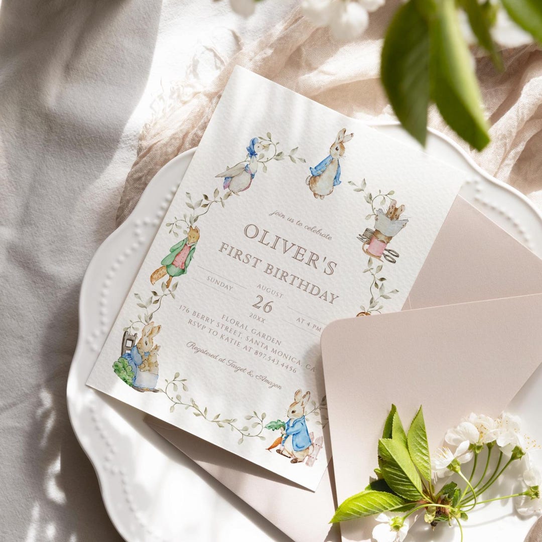 Peter Rabbit Birthday Party Invitation, Editable Rustic Bunny Invite ...