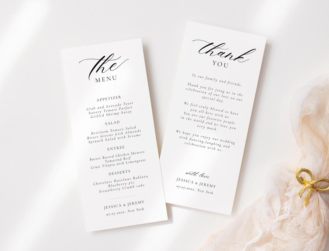 Modern Menu & Thank You Card Template, Wedding Menu Card, Napkin Note ...