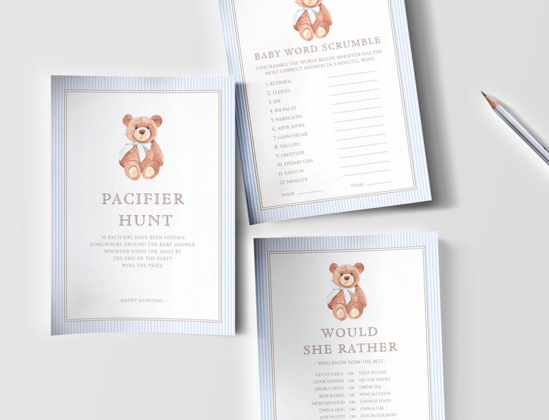 Editable Teddy Bear Baby Shower Games, We Can Bearly Wait Baby Shower Games Bundle, Blue Baby ...
