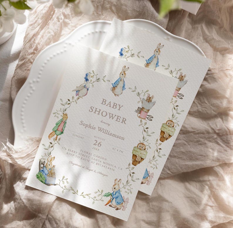 Peter Rabbit Baby Shower Invitation, Editable Rustic Bunny Invite ...