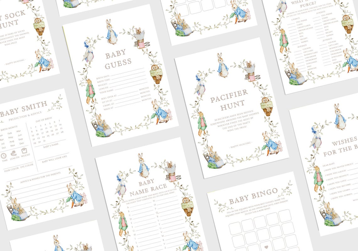 Editable Peter Rabbit Baby Shower Games, Editable Rustic Bunny Games ...