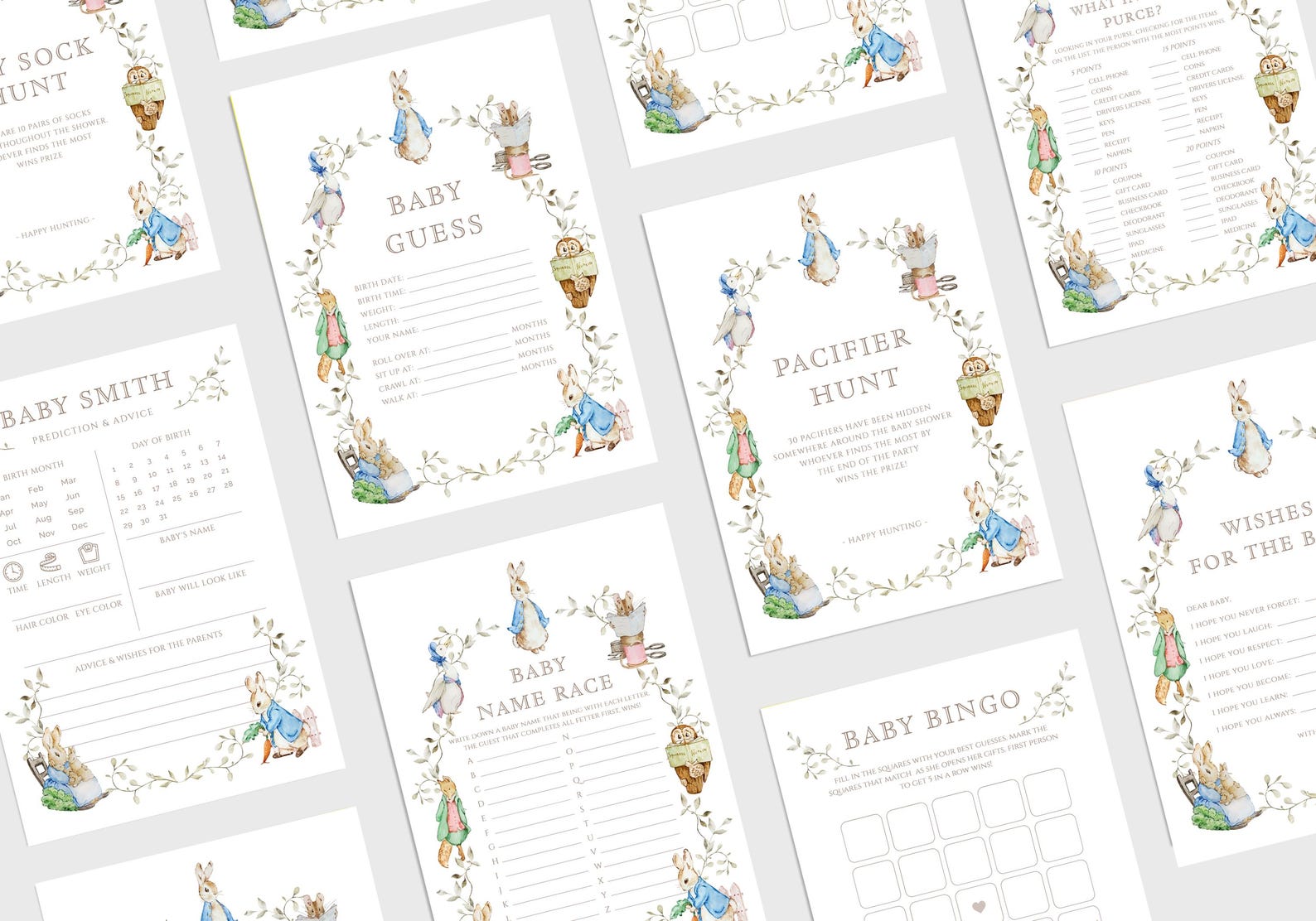 Editable Peter Rabbit Baby Shower Games, Editable Rustic Bunny Games ...