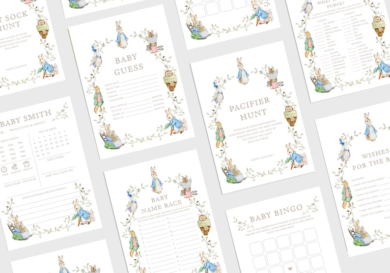 Editable Peter Rabbit Baby Shower Games, Editable Rustic Bunny Games ...