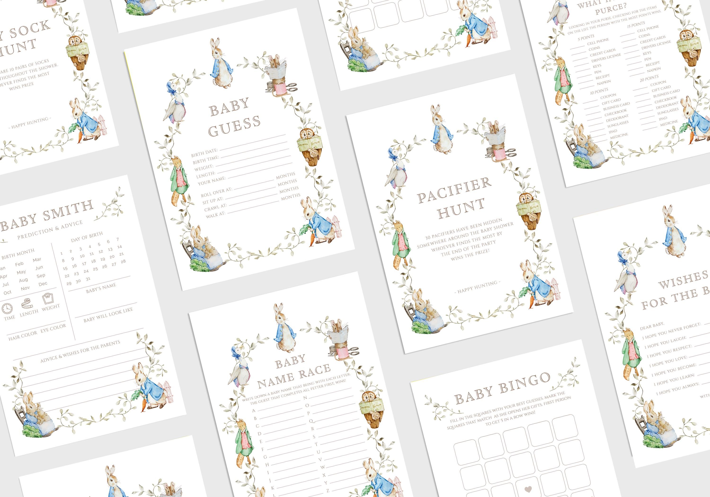 Editable Peter Rabbit Baby Shower Games, Editable Rustic Bunny Games ...