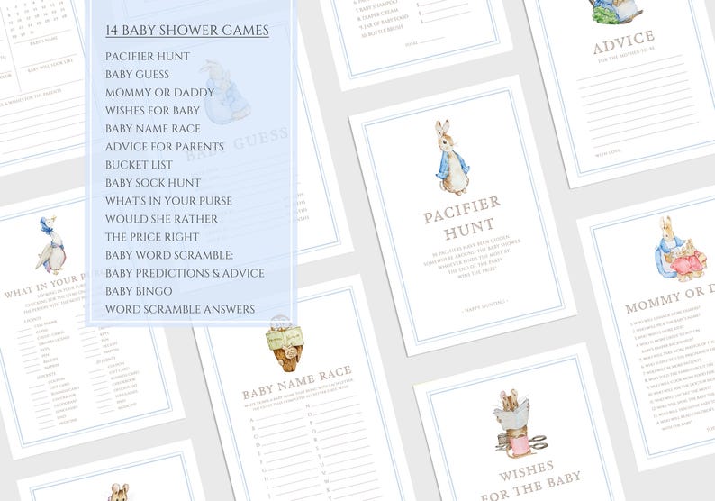 Editable Peter Rabbit Baby Shower Games, Beatrix Potter Baby Shower ...