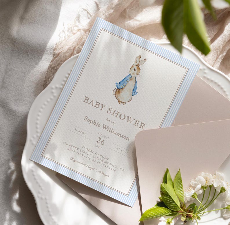 Peter Rabbit Baby Shower Invitation, Editable Rustic Bunny Invite ...