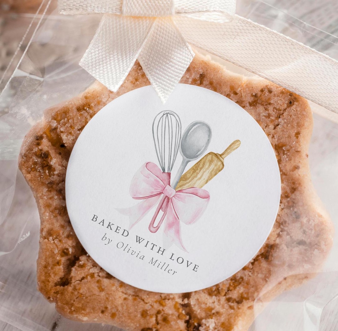 Baked With Love Personalized Round Sticker, Pink Bow Sticker, A Sweet ...