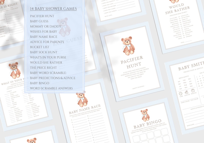 Editable Teddy Bear Baby Shower Games, We Can Bearly Wait Baby Shower ...