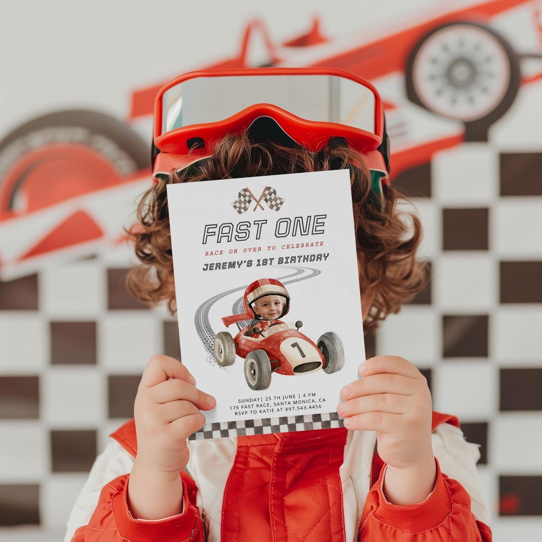 Racing Car 1st Birthday Party Invitation, Fast One, First Lap ...