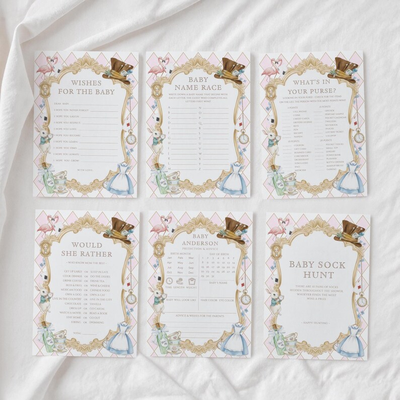 Editable Alice in Wonderland Baby Shower Games, Tea Party, Pink ...