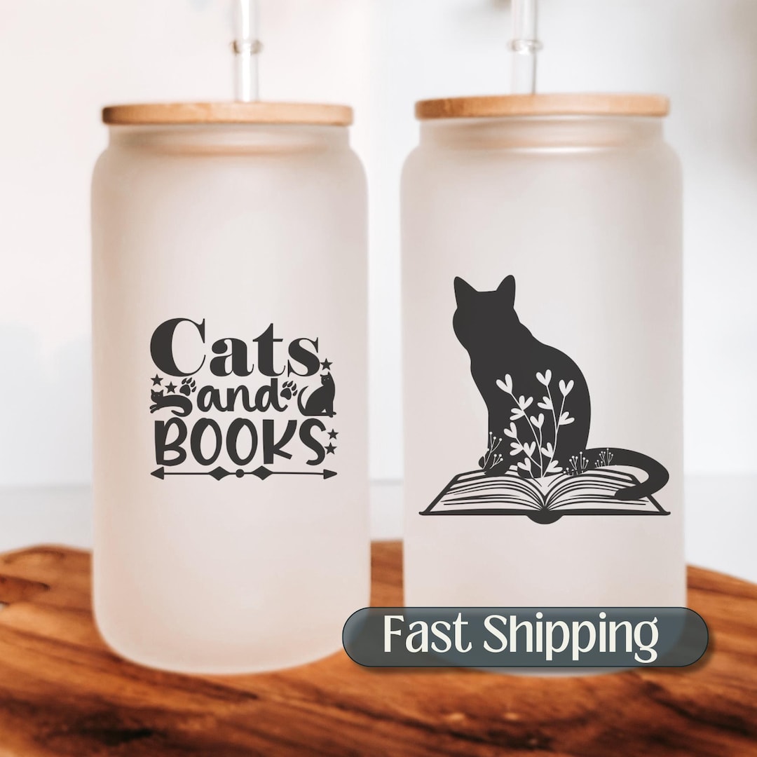 Cats and Books Glass Tumbler, Personalized Cat Lover Iced Coffee Cup ...