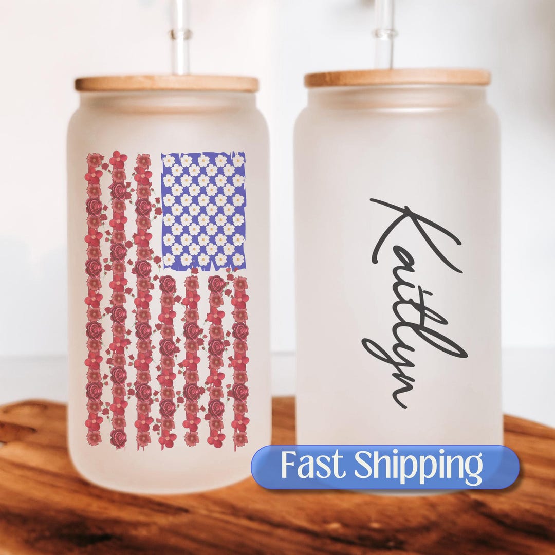 Personalized Independence Day Glass Cup, American Flag Iced Coffee ...
