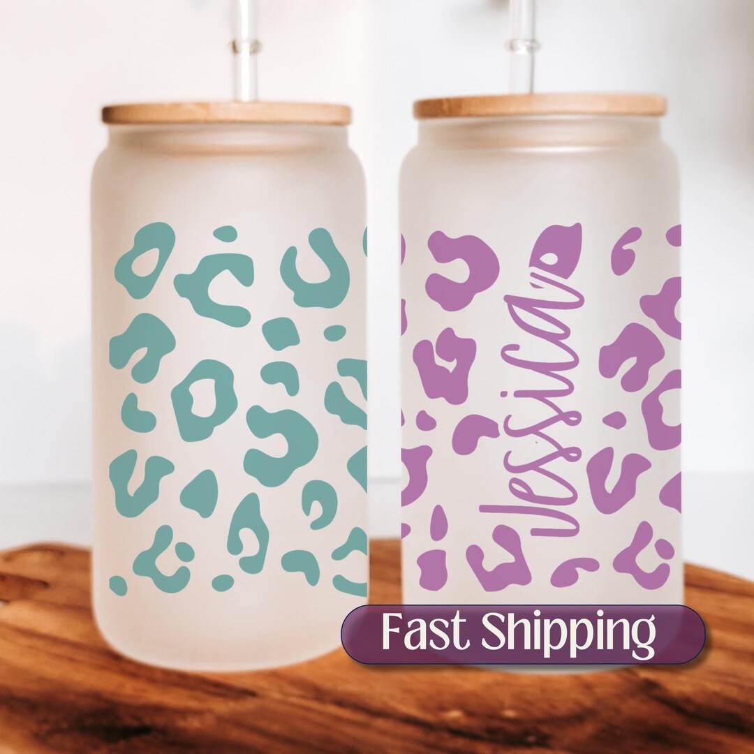 Leopard Print Iced Coffee Cup, Personalized Cheetah Print Glass Cup ...