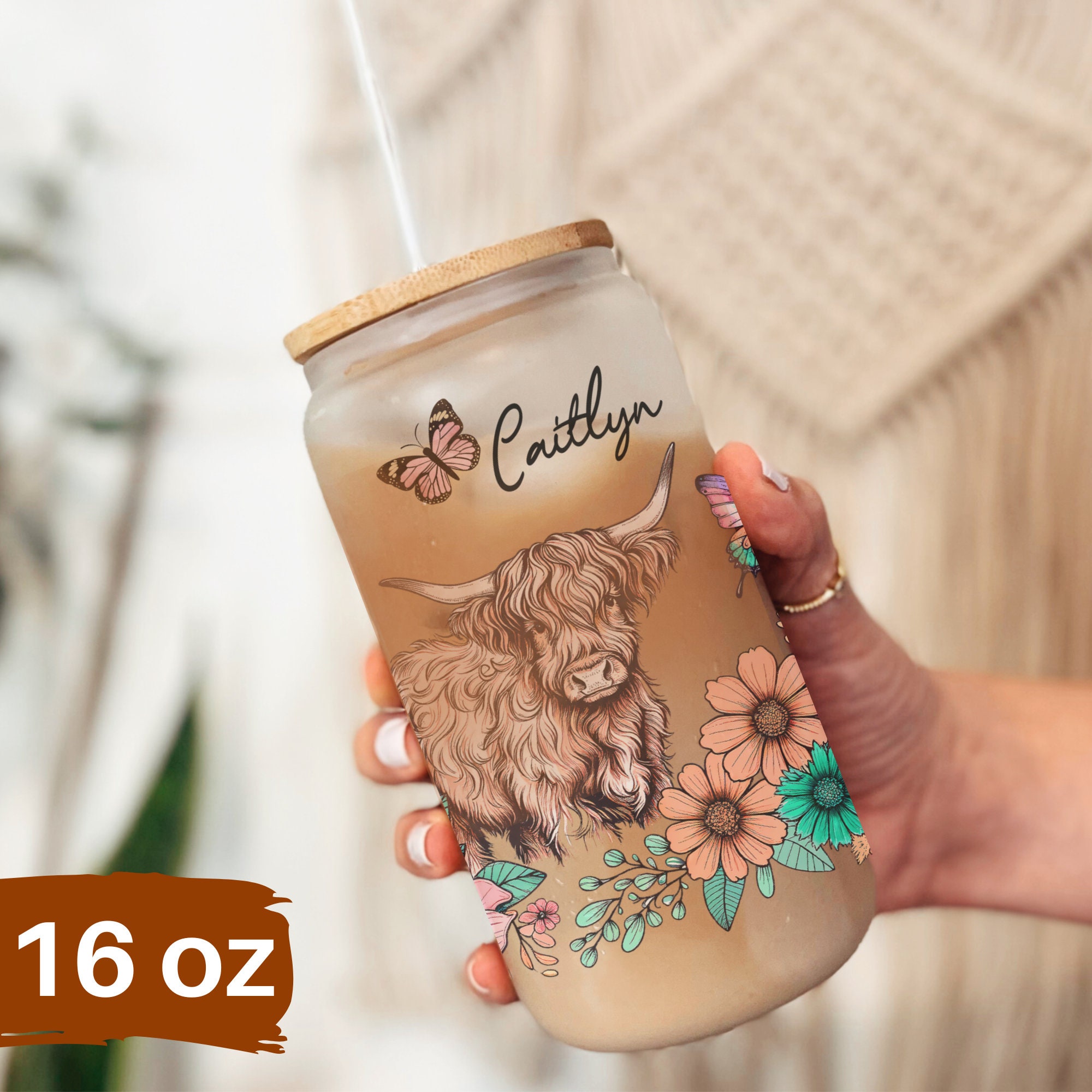 Personalized Highland Cow Iced Coffee Glass Cup, Iced Coffee Glass ...
