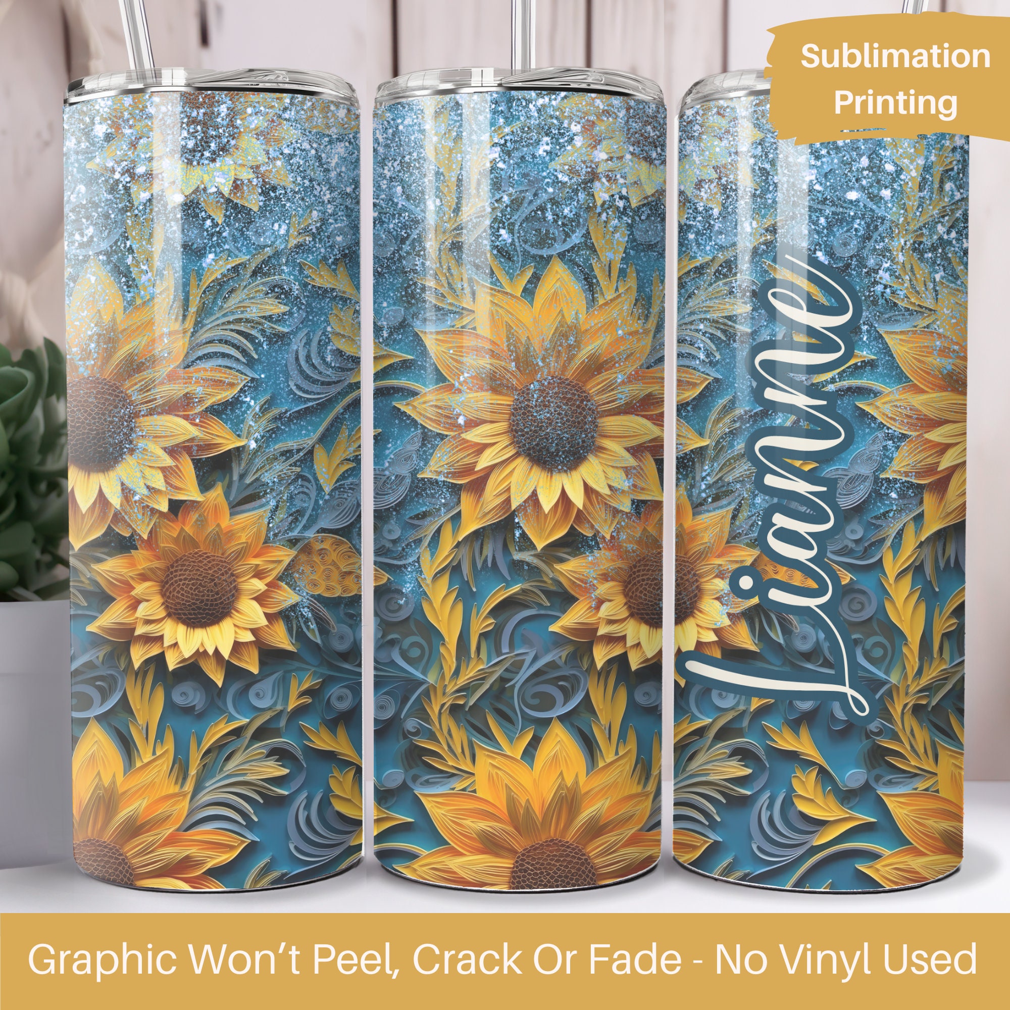 Personalized Sunflower Tumbler, Sunflower Travel Cup Gift for Her, Blue ...