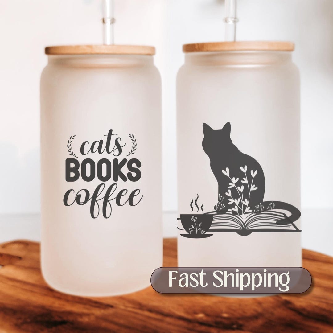Cats Coffee Books Glass Tumbler, Personalized Cat Lover Iced Coffee Cup ...