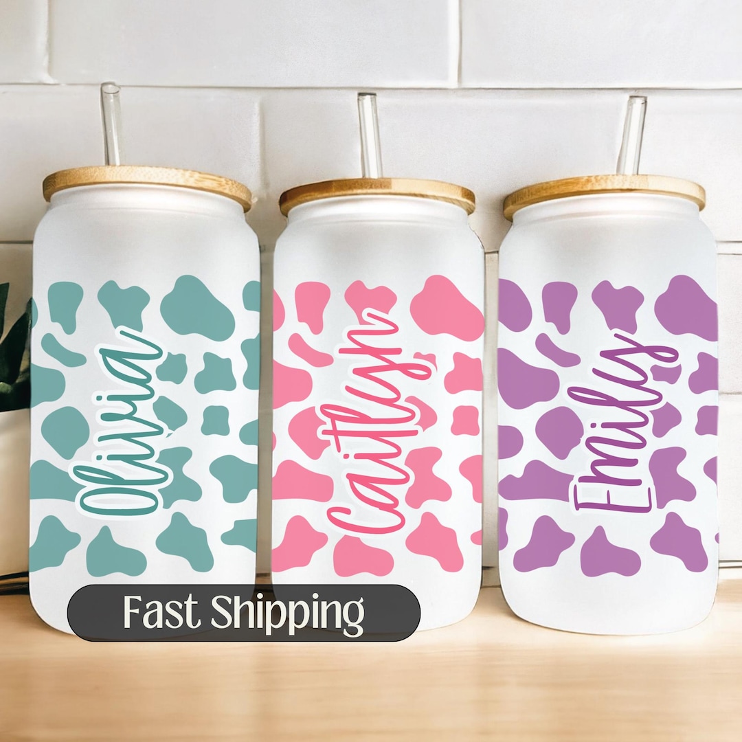 Cow Print Iced Coffee Cup, Personalized Cow Print Glass Cup, Cow Gift ...
