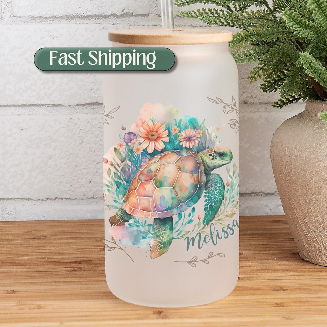 Personalized Turtle Frosted Glass Cup, Sea Turtle Iced Coffee Cup, Sea ...