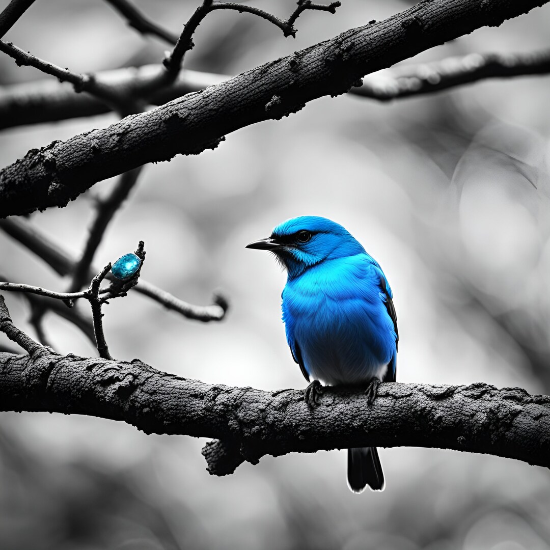 Blue Bird on Branch, AI Art, Wall Art, AI Generated Art, Digital Art ...