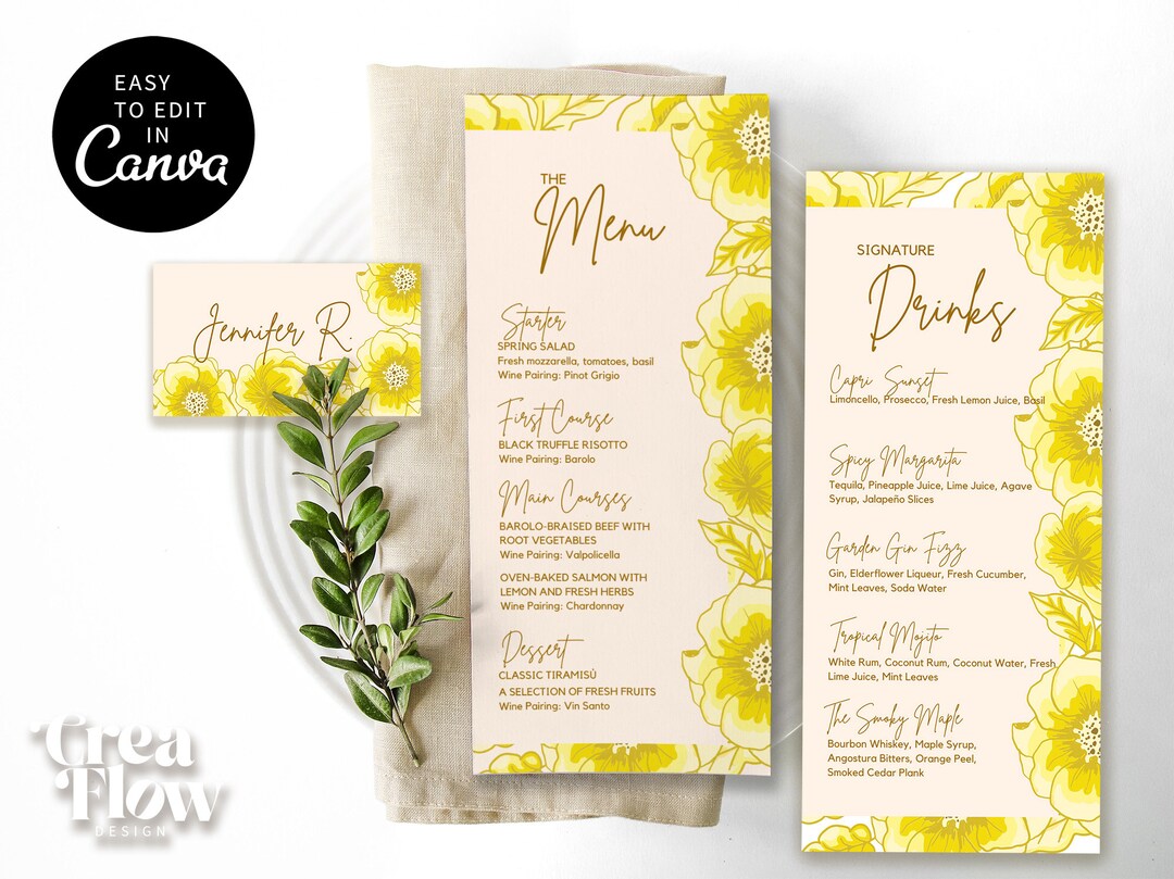 Yellow Menu Template Bundle, Floral Birthday Menu Drink List and Place ...