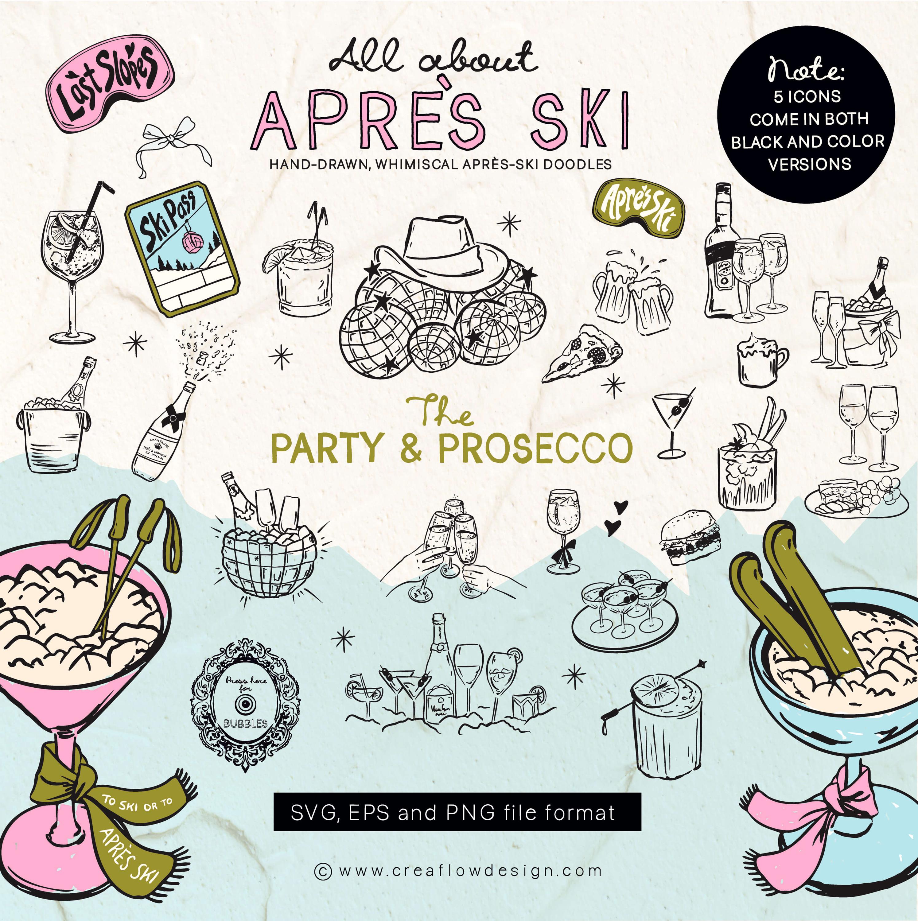 Après Ski Clipart Bundle SVG PNG EPS, Hand-drawn Winter Bachelorette ...