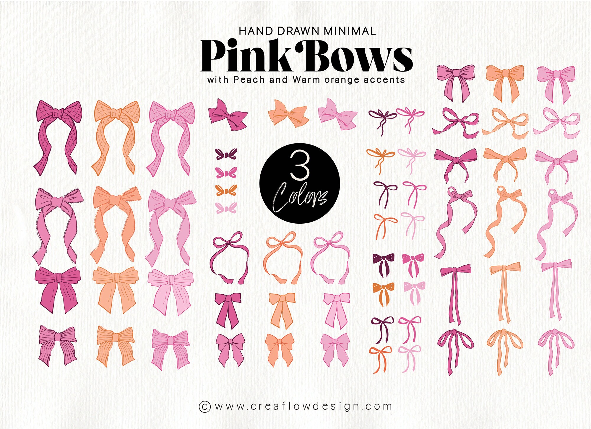 Baby Pink Bows Clipart Pack, 20 Hand Drawn Bows, Minimal Line Art Pink ...