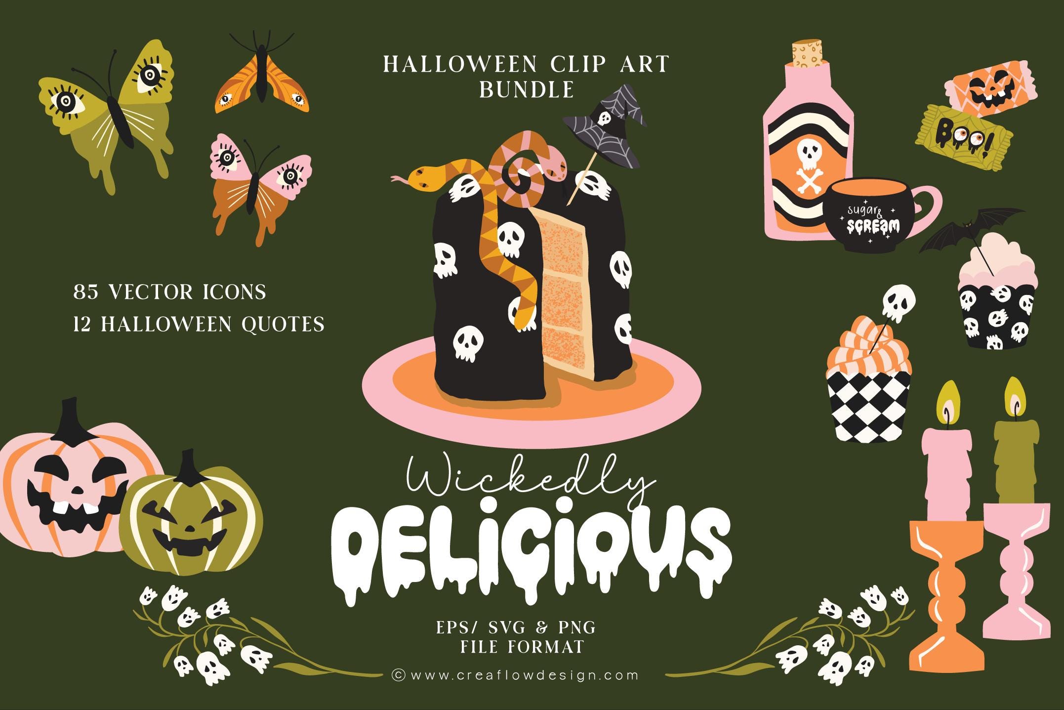 Whimsical Halloween Clipart Pack, 85 Hand Drawn Halloween Desserts ...