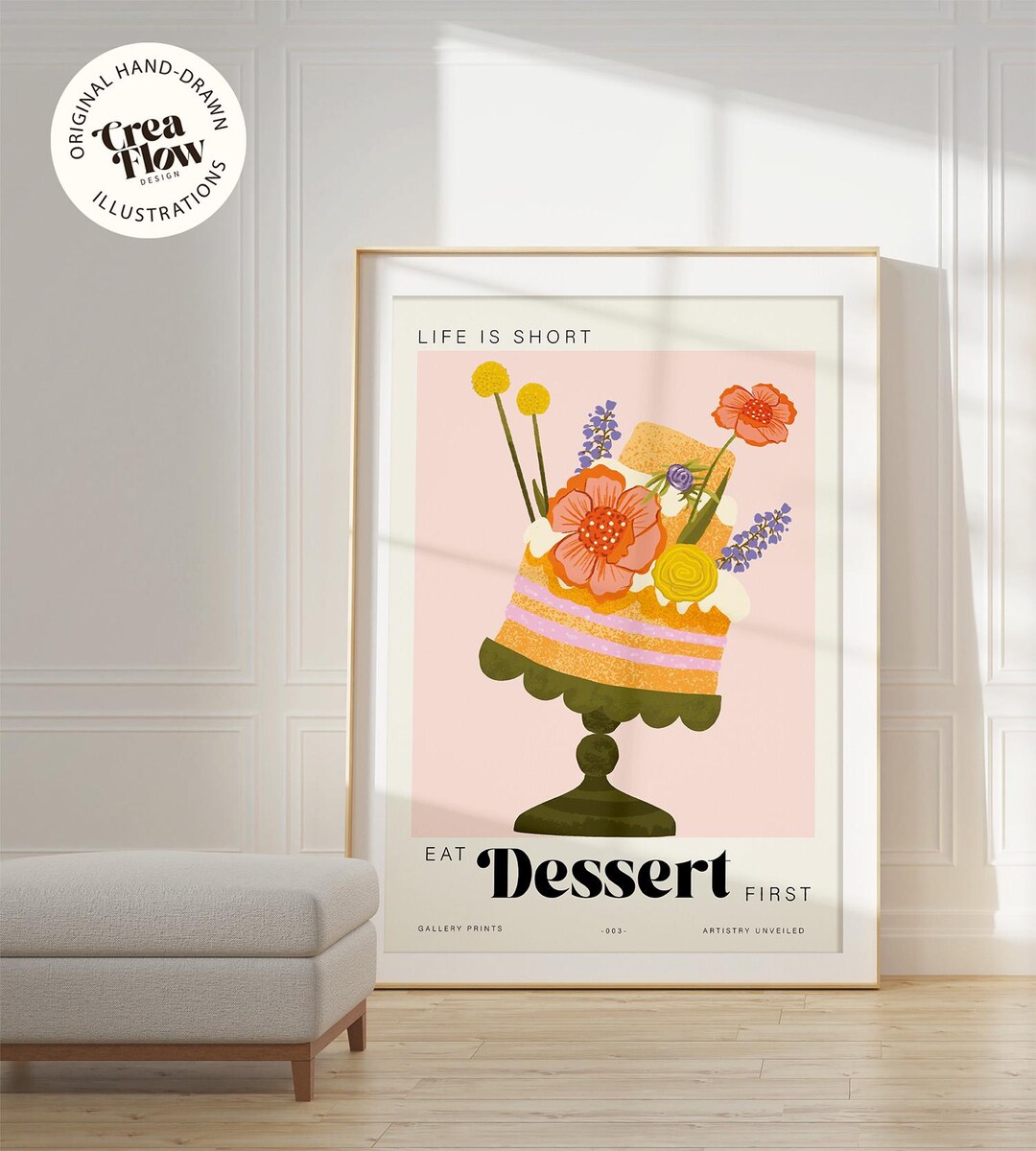 Whimsical Floral Cake Poster, Hand Drawn Colorful Wonky Cake Print ...