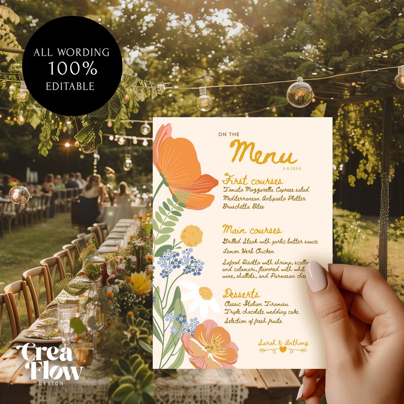 Boho Floral Menu Template, Summer Wedding Menu Card, Birthday Menu ...