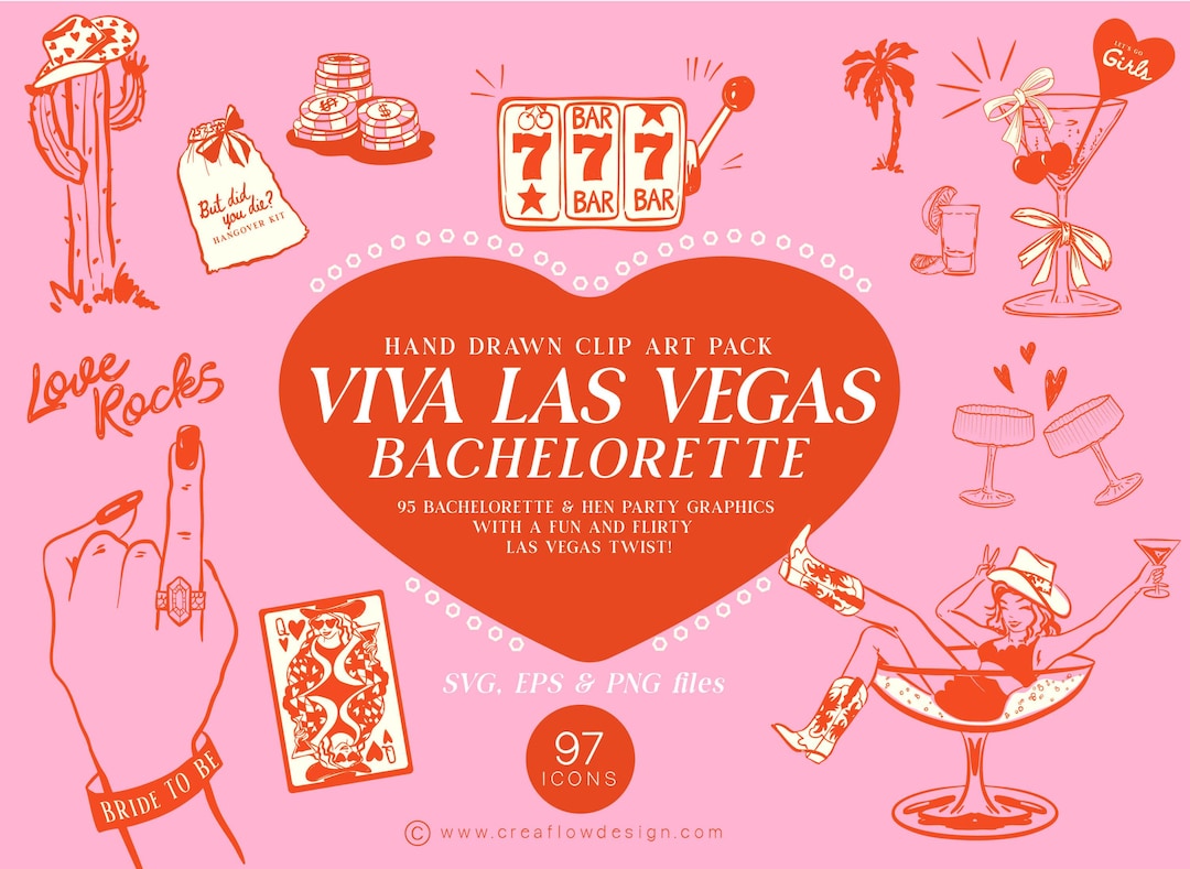 Las Vegas Bachelorette Clipart Pack, 97 Hand-drawn Vegas Hen Party ...