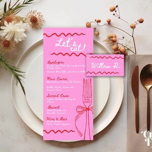 Pink Birthday Brunch Menu and Name Card Template, Hand Drawn Wavy ...