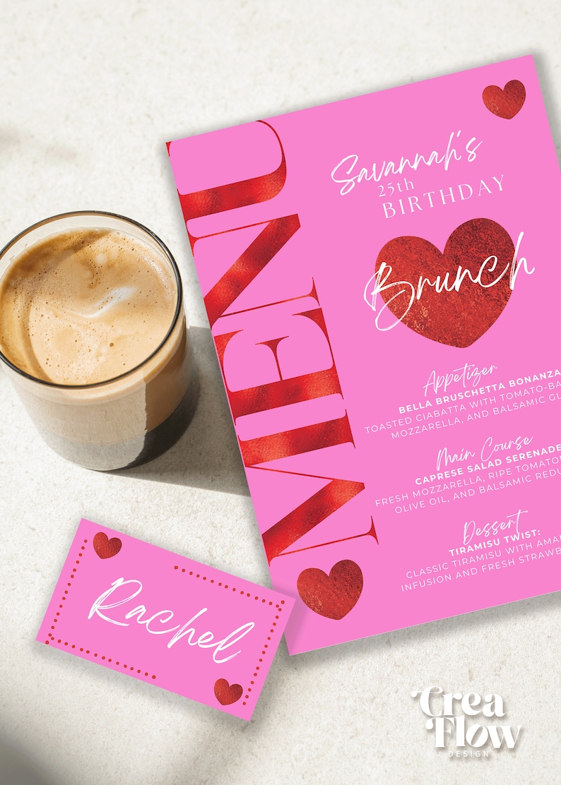 Pink Birthday Menu and Name Card Template, Bridal Shower Menu and Place ...