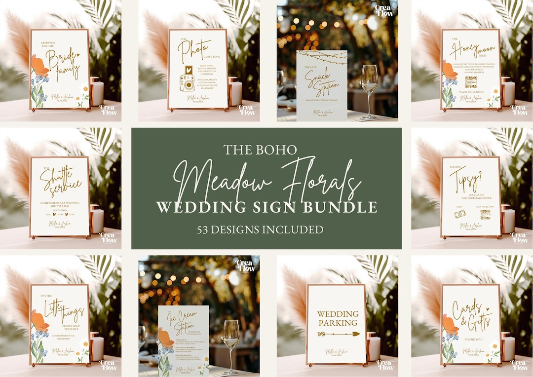 Boho Wedding Signs Template Bundle: 53 Hand Drawn Romantic Floral ...