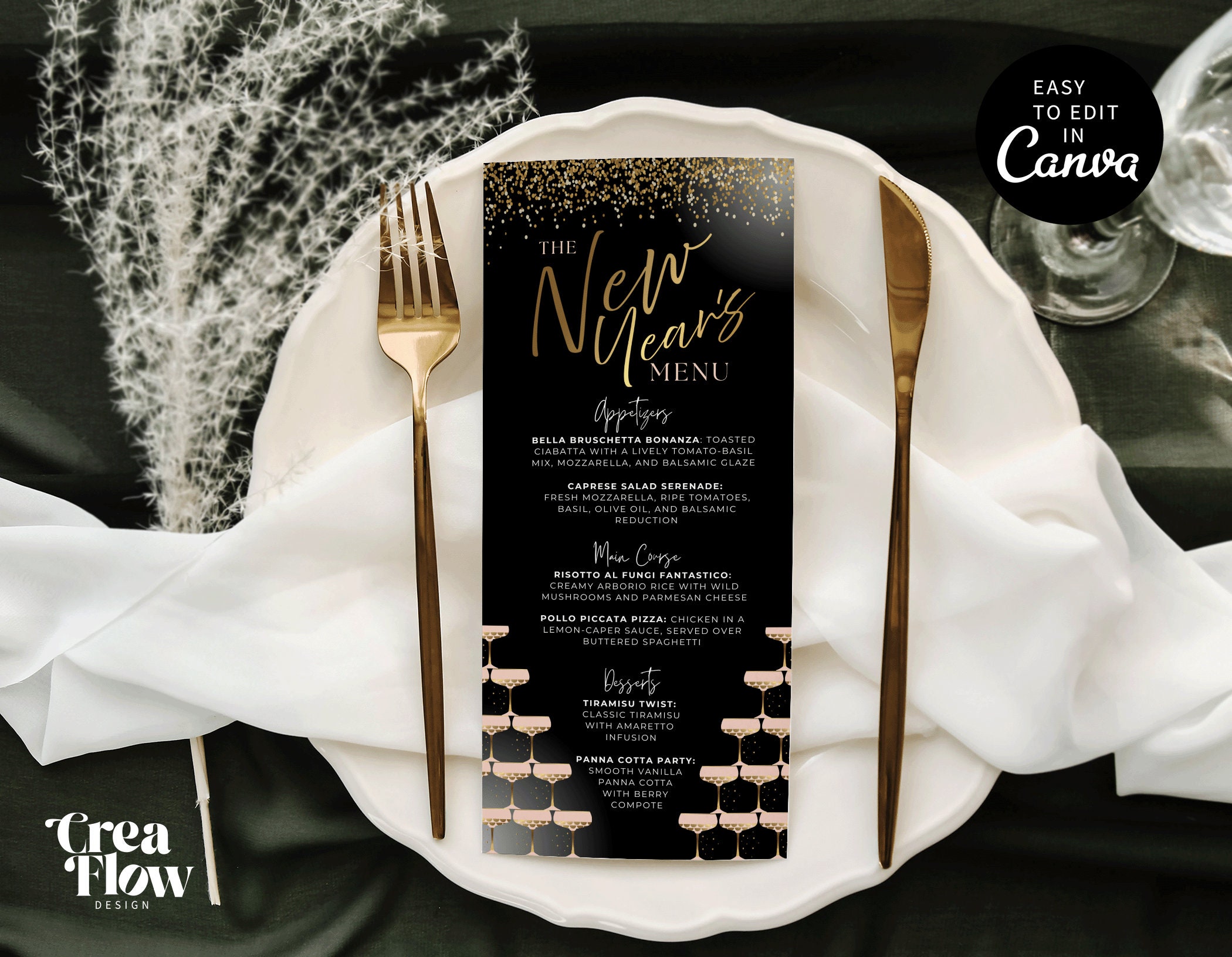 New Years Menu Template, Editable New Year Dinner 3.5“ X 8“ Menu Card ...