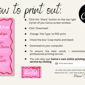 Pink Summer Menu Template, Pink Baby Shower Menu and Place Card, Hand ...