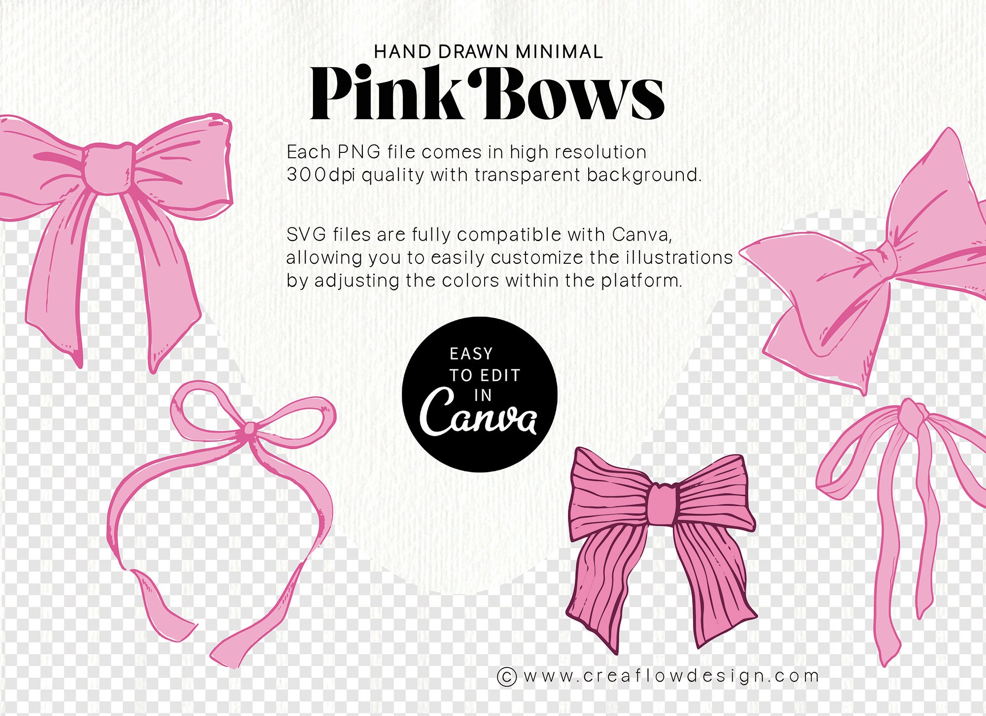 Baby Pink Bows Clipart Pack, 20 Hand Drawn Bows, Minimal Line Art Pink ...