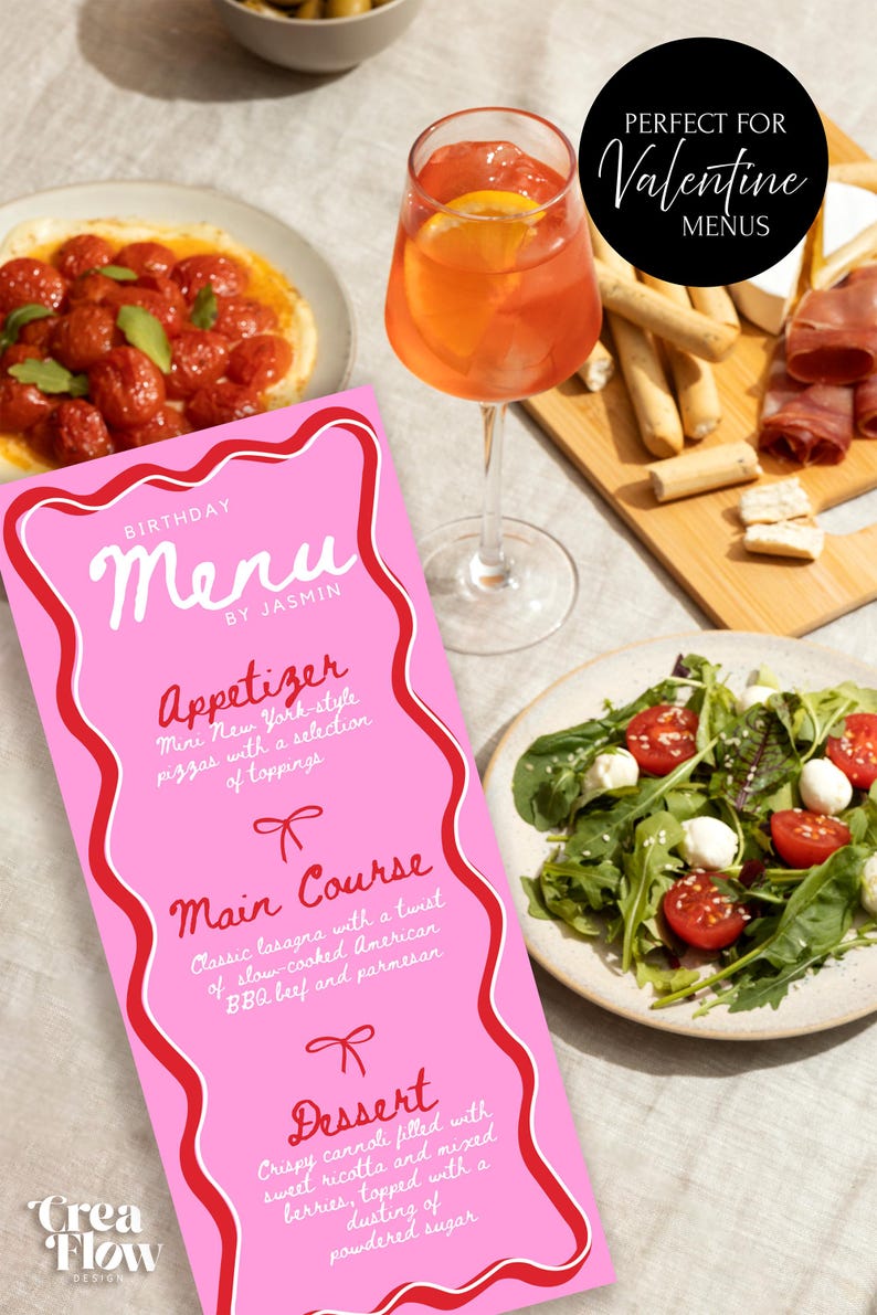 Pink Summer Menu Template, Pink Baby Shower Menu and Place Card, Hand ...