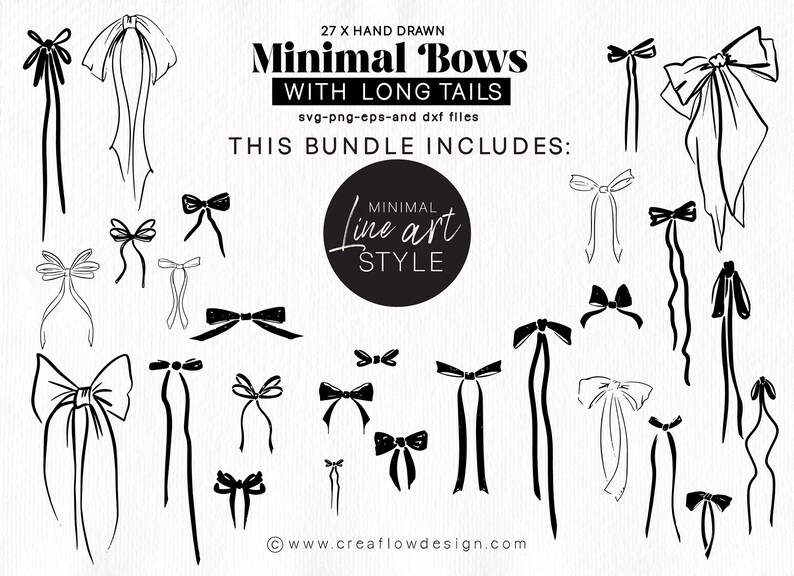 Minimal Wedding Bow SVG Bundle, Hand Drawn Long Tail Bows, Birthday ...