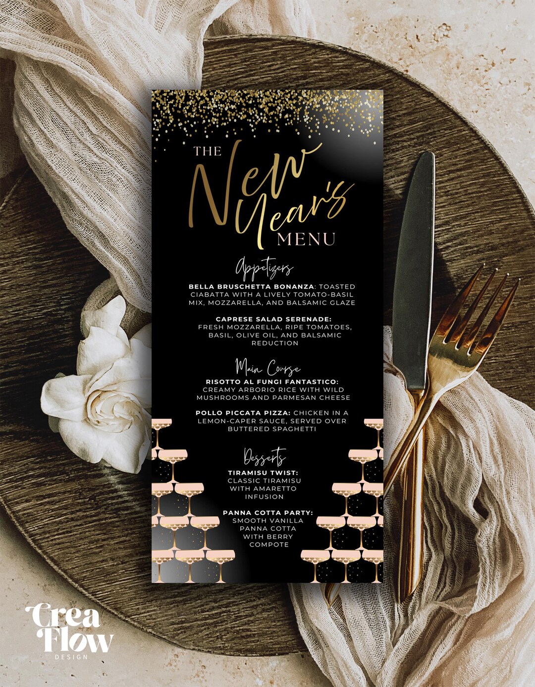 New Years Menu Template, Editable New Year Dinner 3.5“ X 8“ Menu Card ...