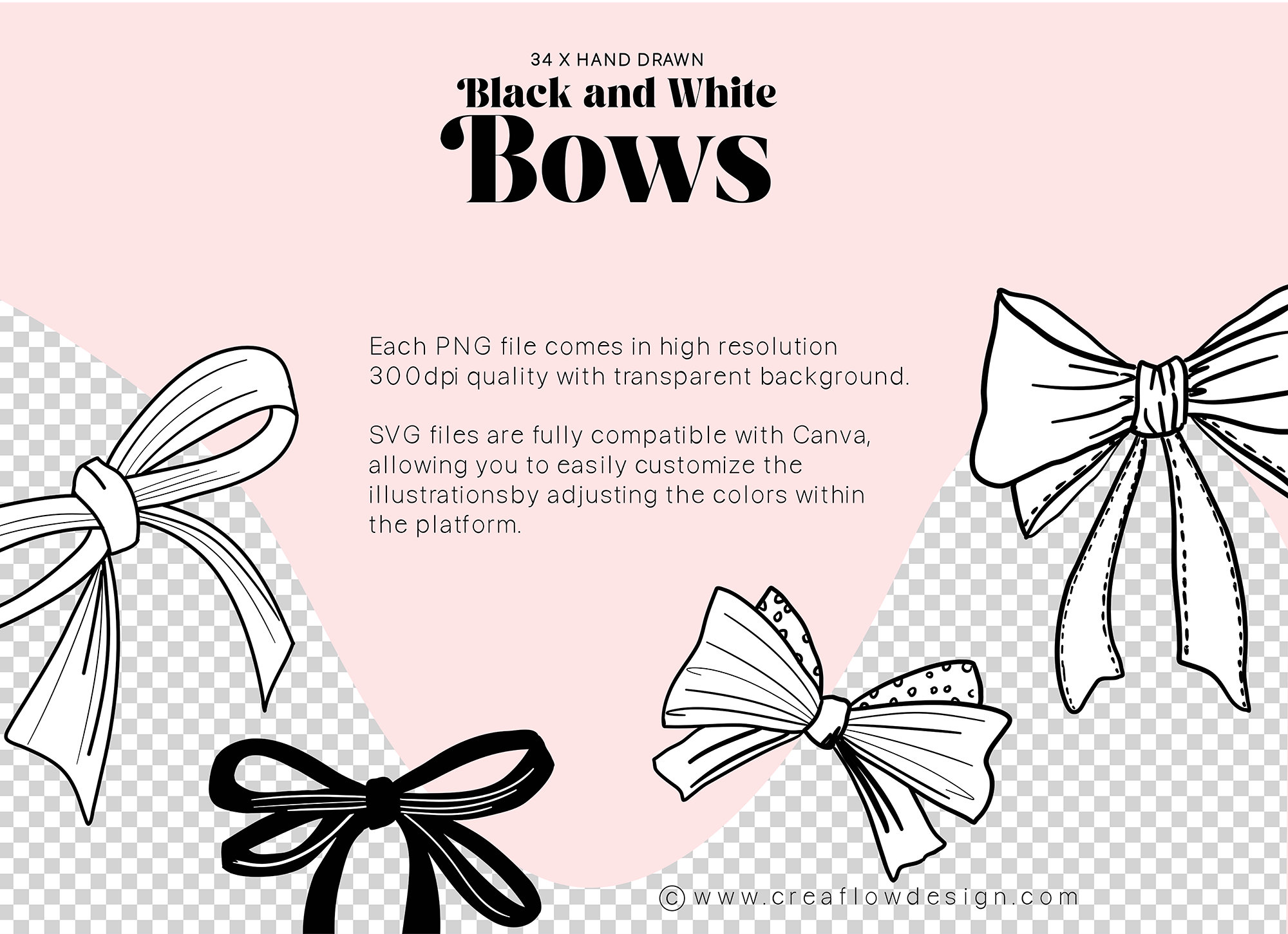 Hand Drawn Black and White Bows ,minimal Black and White Ribbon SVG and ...