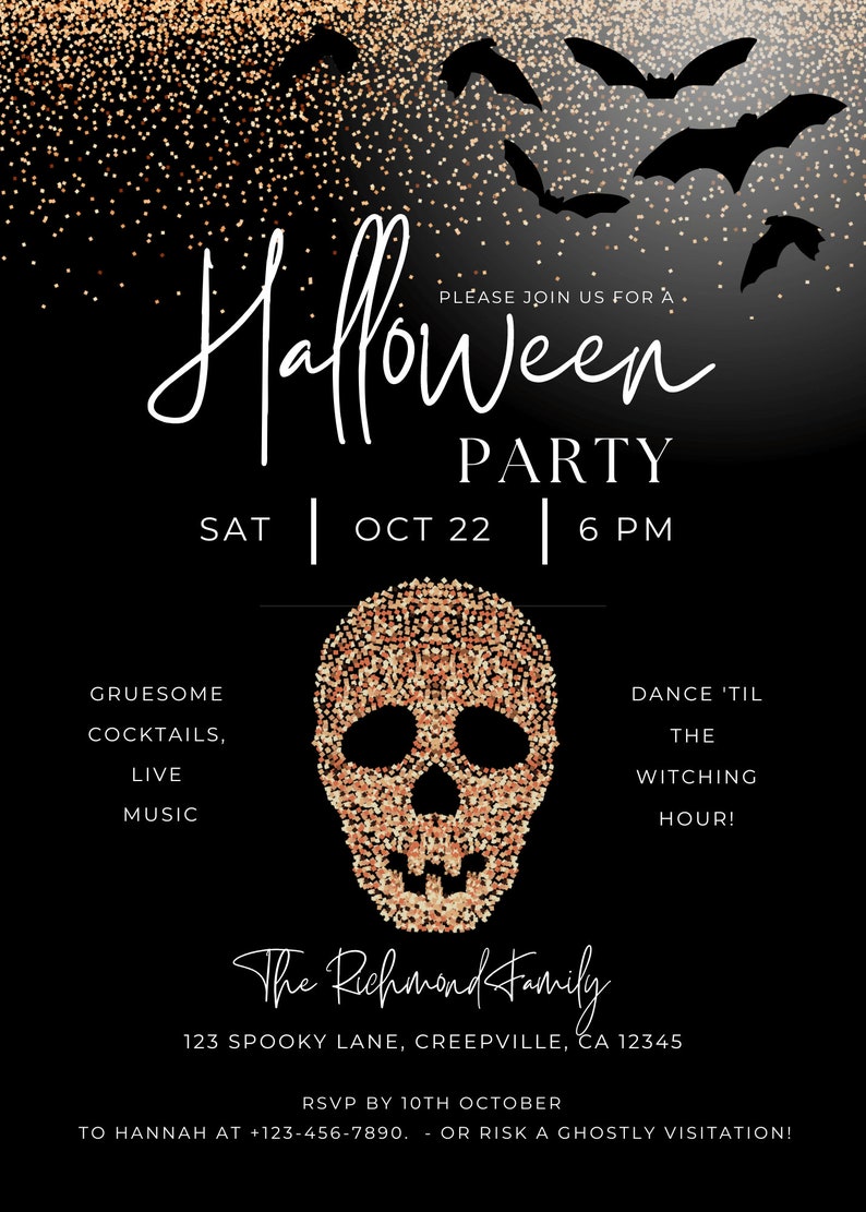 Glitter Halloween Invitation Template, Gold Glitter Skull Halloween 5x7 ...
