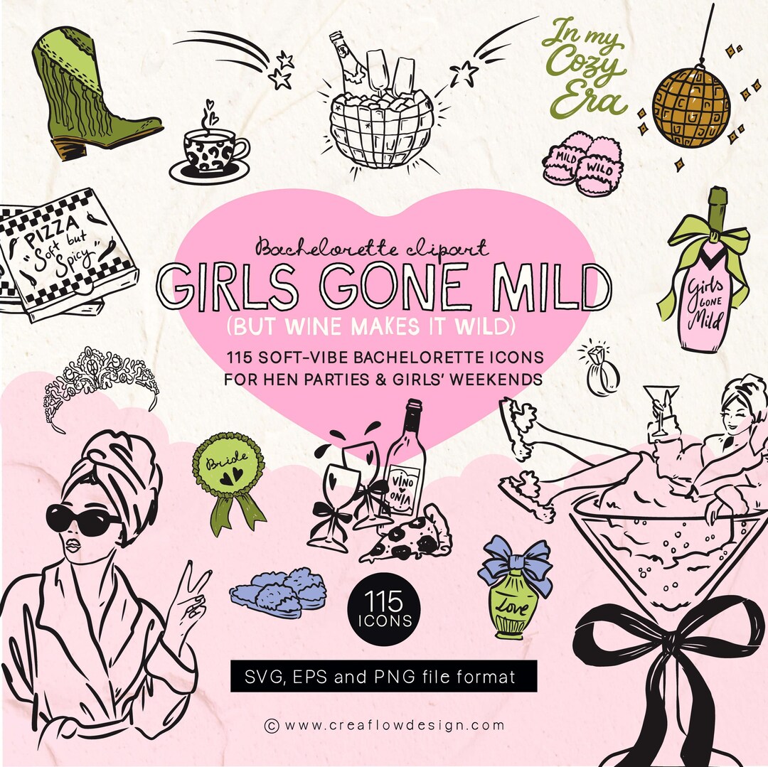 Girls Gone Mild Bachelorette Clipart, 115 Hand Drawn Sweet Hen Party ...