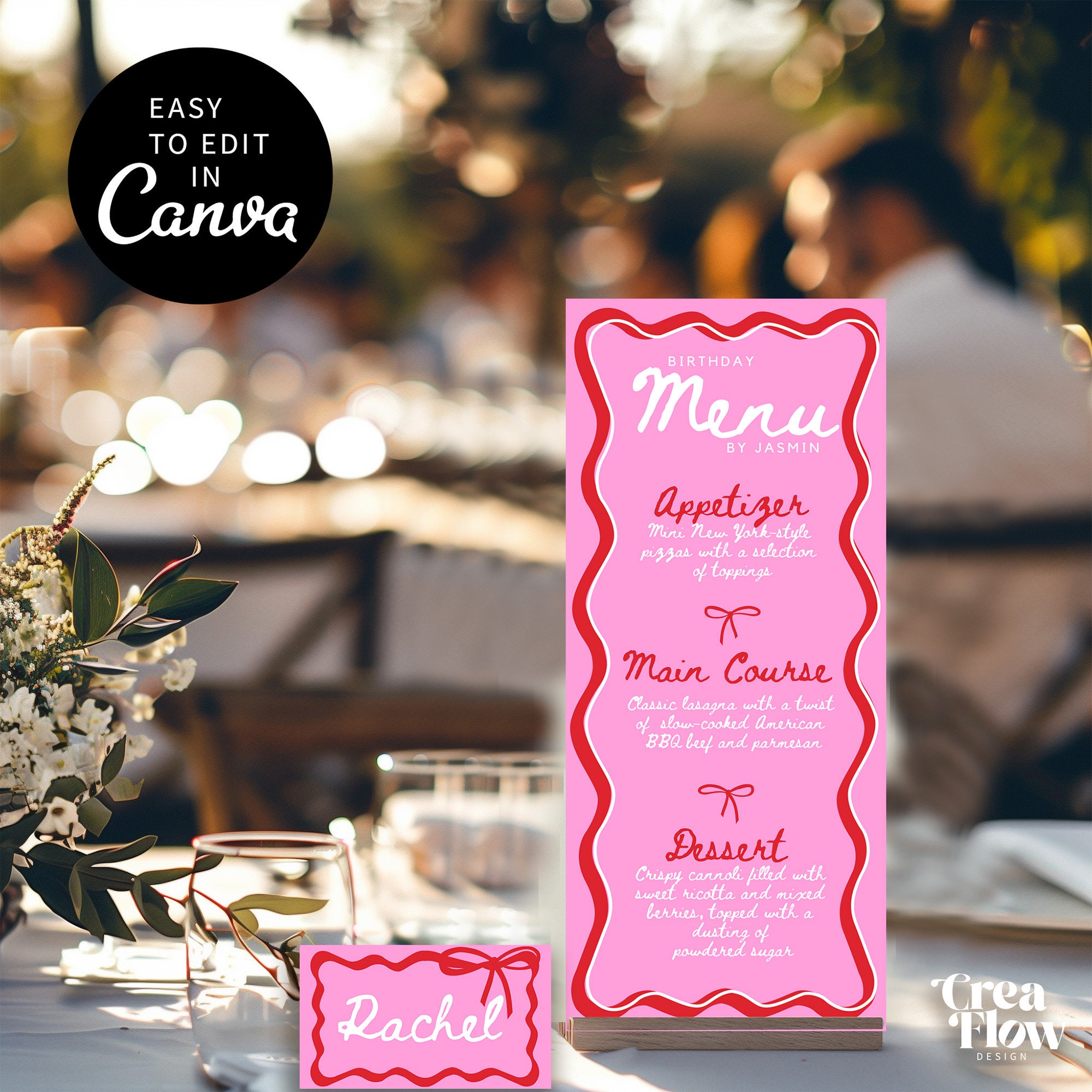 Pink Summer Menu Template, Pink Baby Shower Menu and Place Card, Hand ...