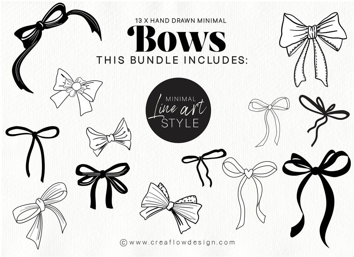 Hand Drawn Bows Line Art, Black Bow Illustration Svg Bundle, Minimal ...